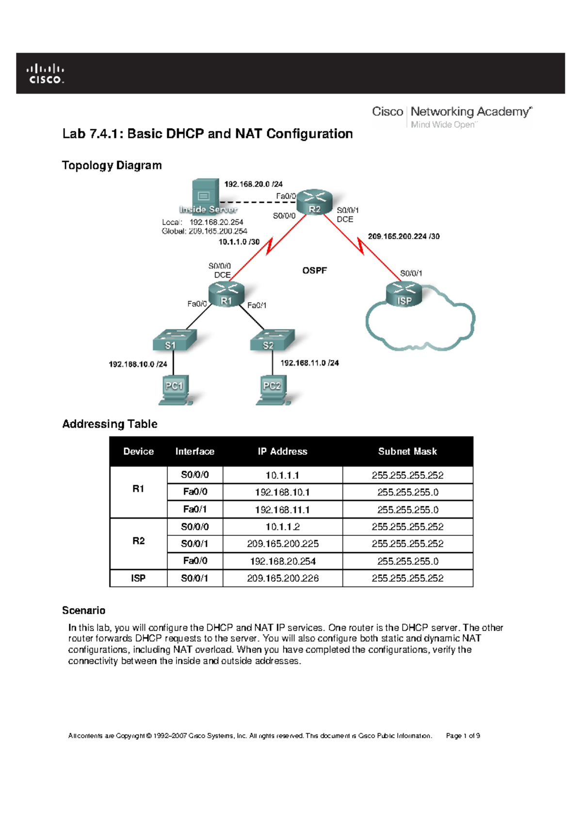11 - CLASS MATH SOULTION ,DR MR RAHID ALI - Lab 7: Basic DHCP and NAT Configuration Topology ...