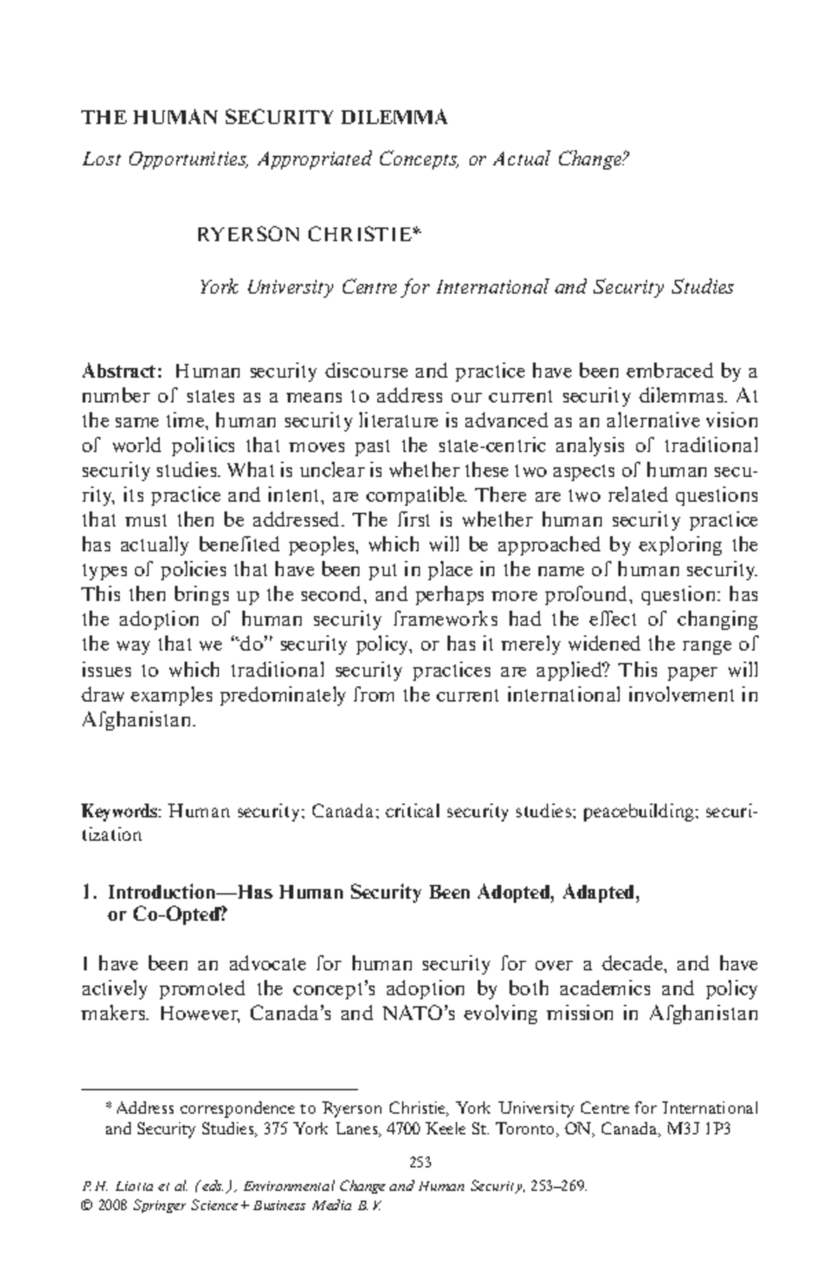 The Human Security Dilemma: Adoption and Adaptation in Policy Analysis ...