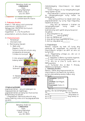 Makabansa-WEEK-1 - LESSON PLAN - I. Layunin: Nailalarawan na ang bawat tao ay may iba’t ibang: a ...