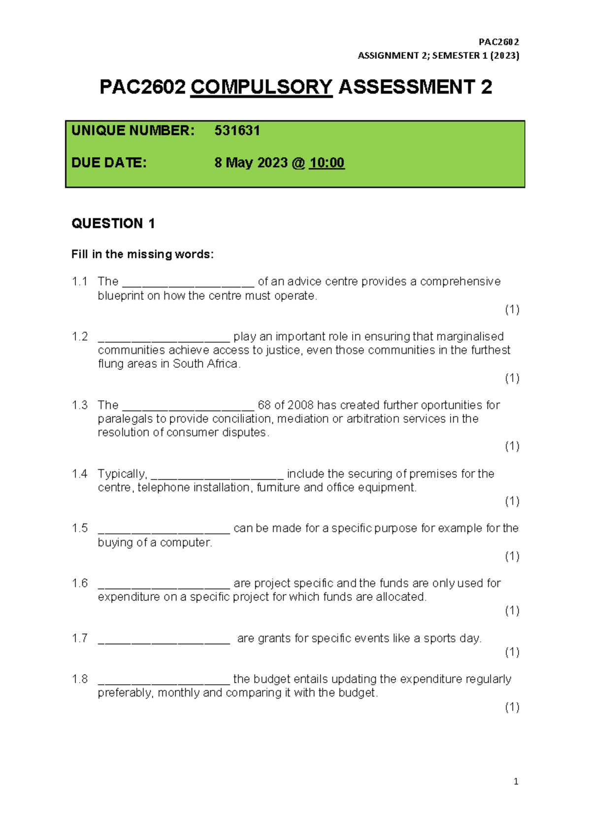PAC2602 Compulsory Assessment 2: Semester 1 (2023) Questions Guide ...