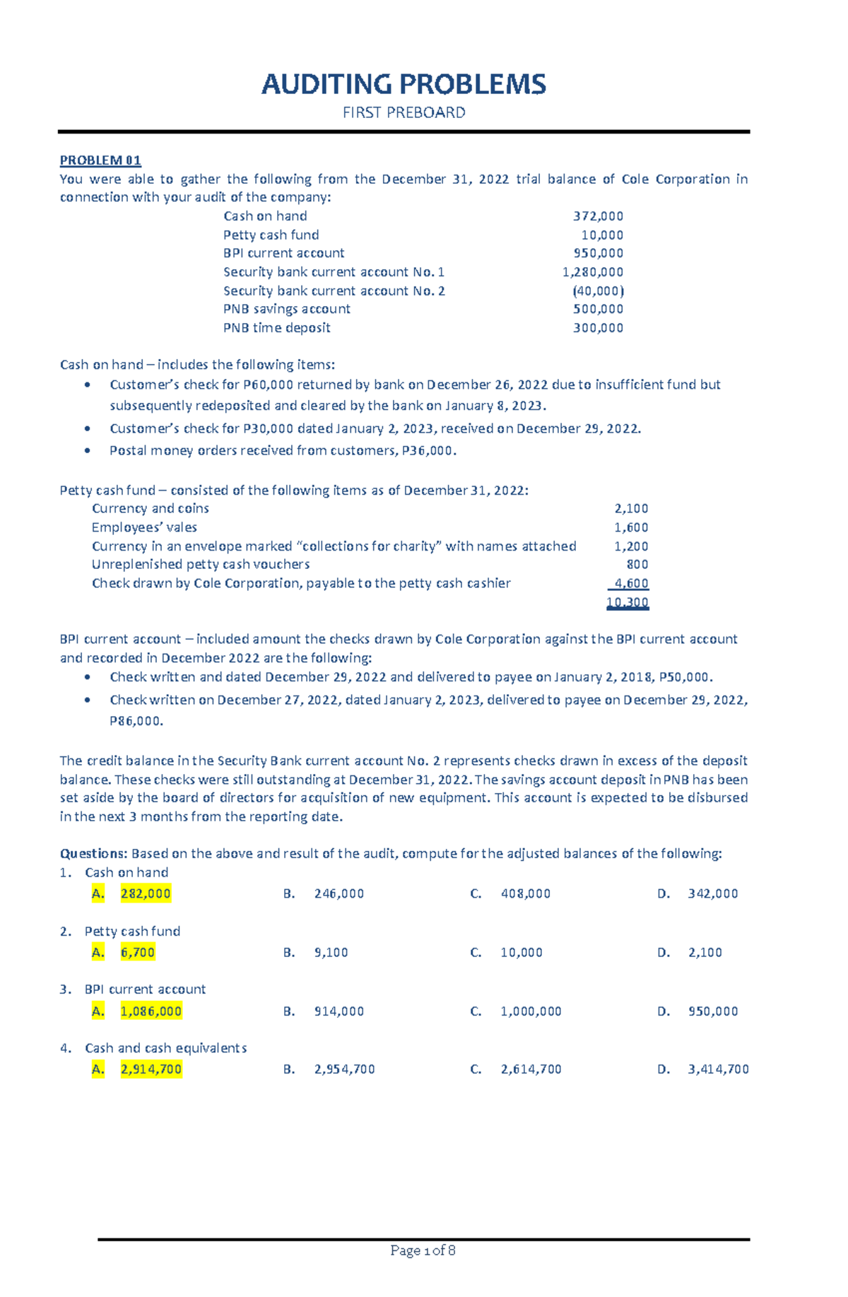 ARC-AP May 2022 Batch - 1st Preboard - AUDITING PROBLEMS FIRST PREBOARD PROBLEM 01 You were able ...