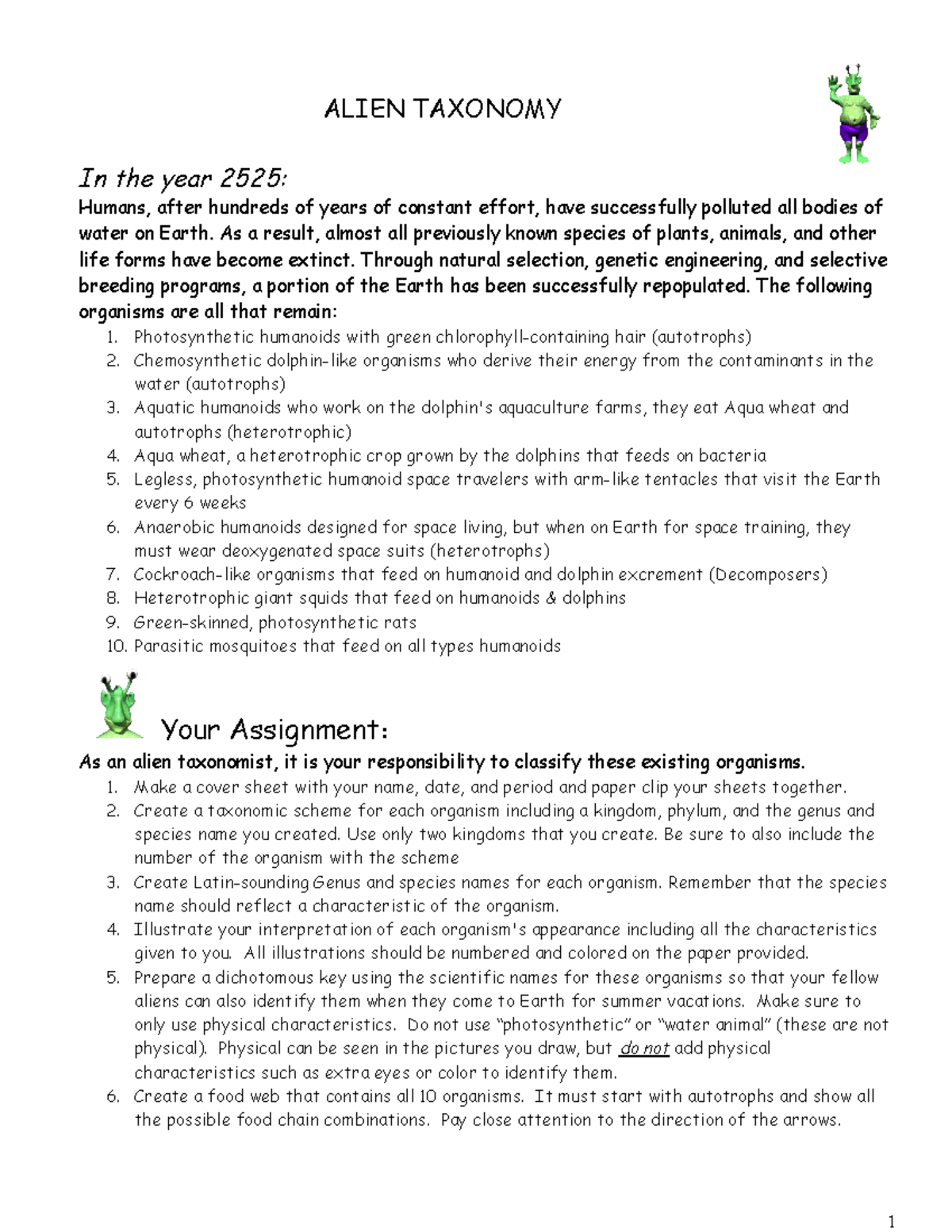 Alien Taxonomy Project Worksheet 1: Classifying Future Species - Studocu