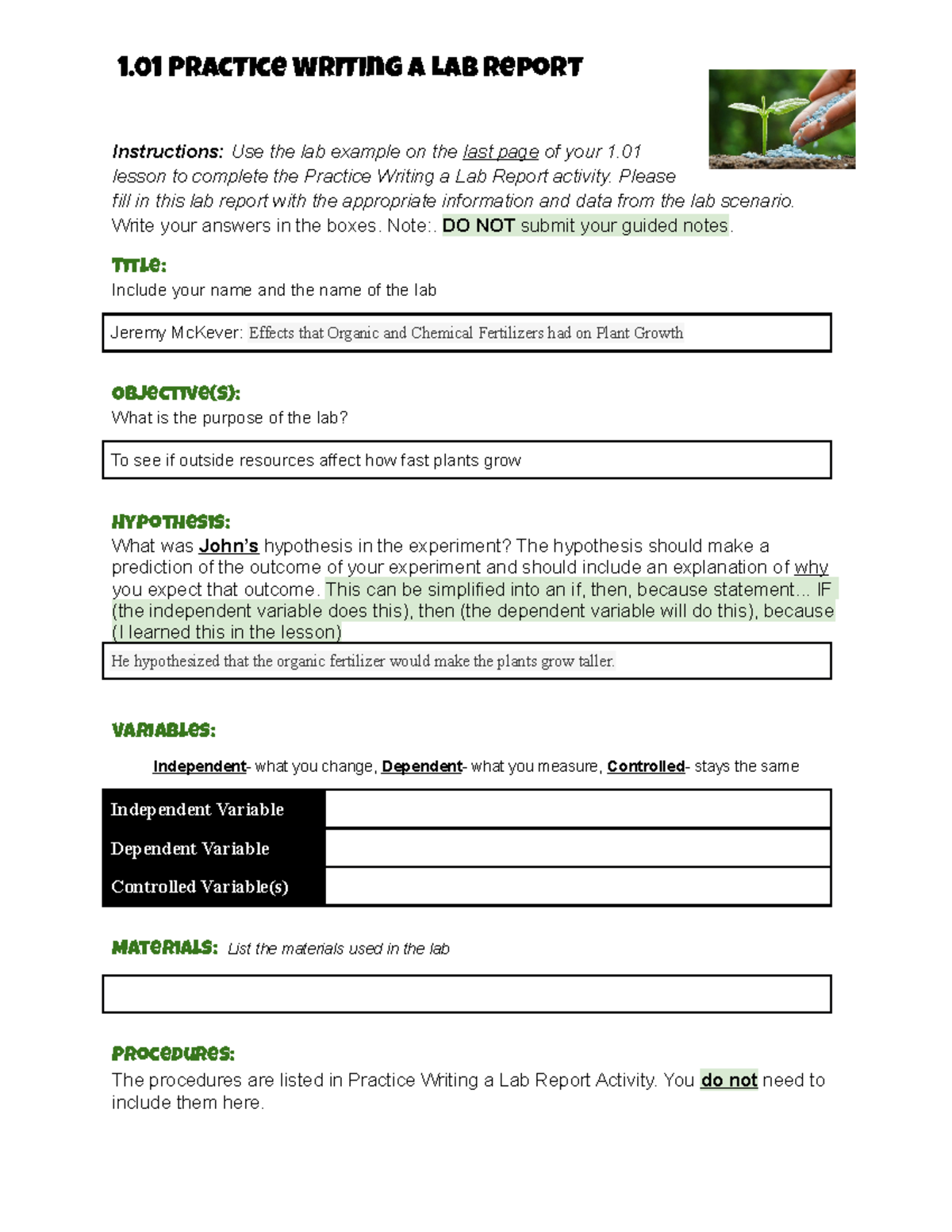 Exploring Life Lab Report - Organic vs. Chemical Fertilizers Effect ...