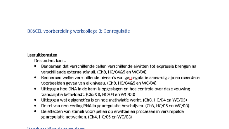 B06CEL - Voorbereiding Werkcollege 3: Genregulatie en Epigenetica ...