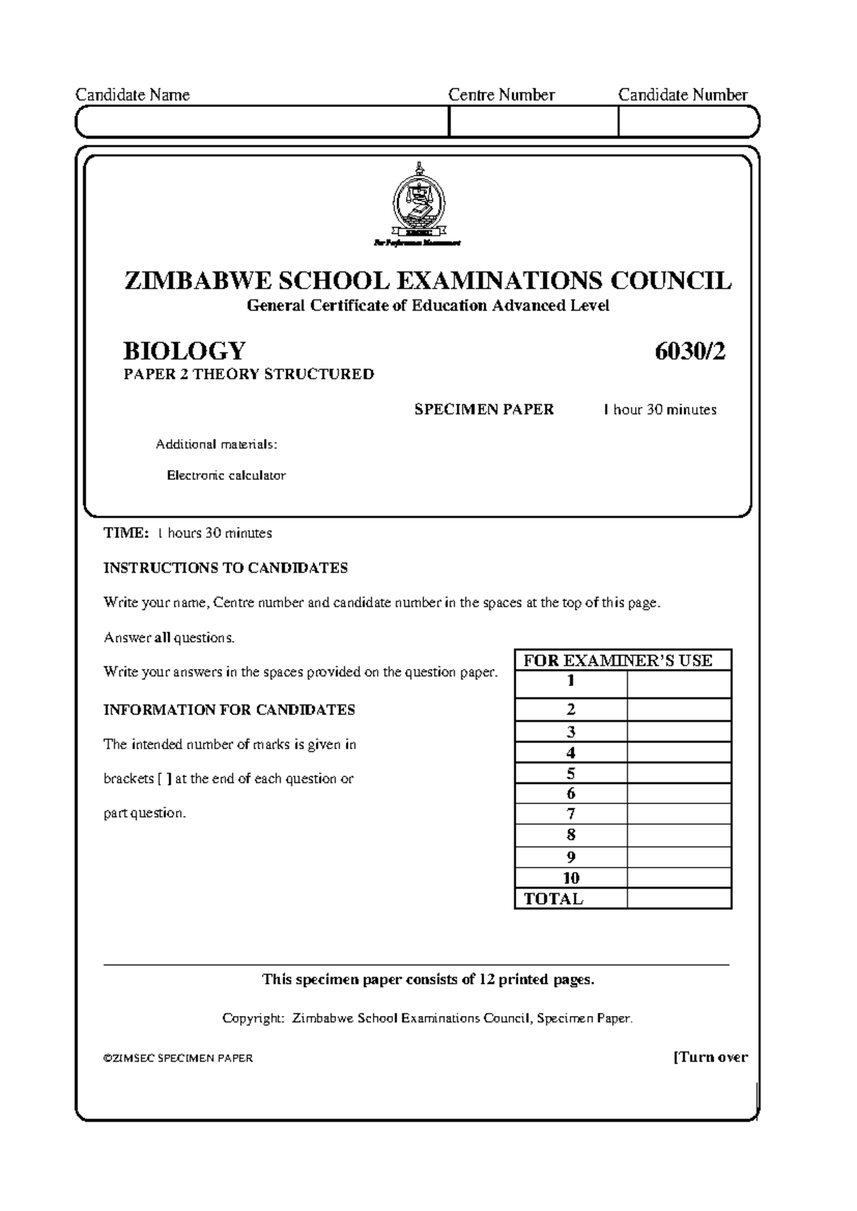 ZIMBABWE A Level BIOLOGY 6030 Specimen Paper 2 Analysis - Studocu