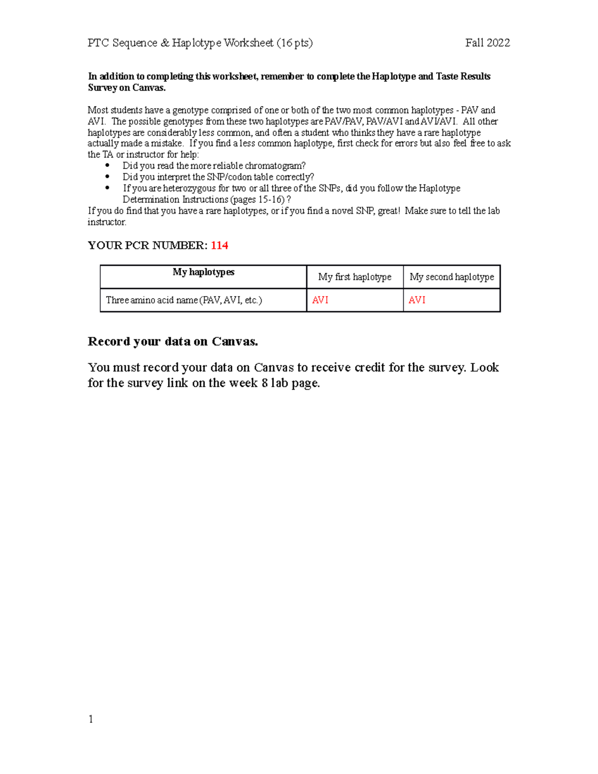 Haplotypes and PTC Tasting Lab Worksheet (GEN 101 Lab) - Studocu