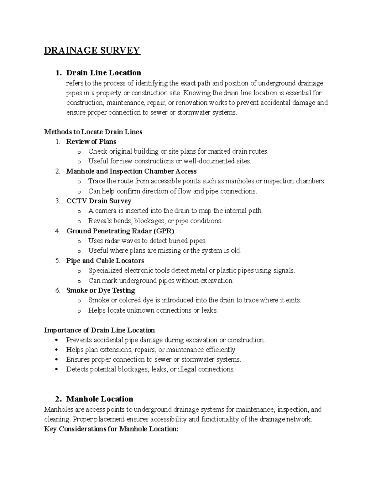 Drainage Survey - General lecture notes - DRAINAGE SURVEY 1. Drain Line ...