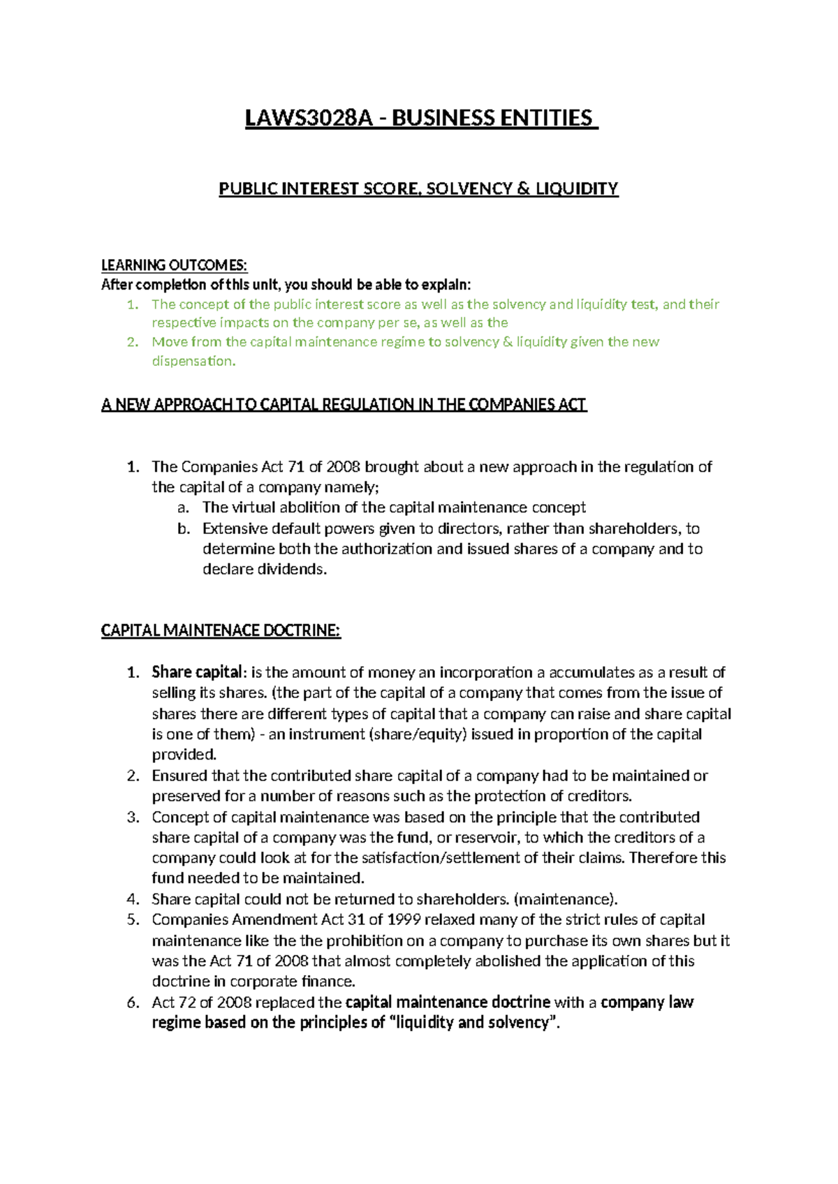 LAWS3028A - Study Notes on Public Interest Score, Solvency & Liquidity ...