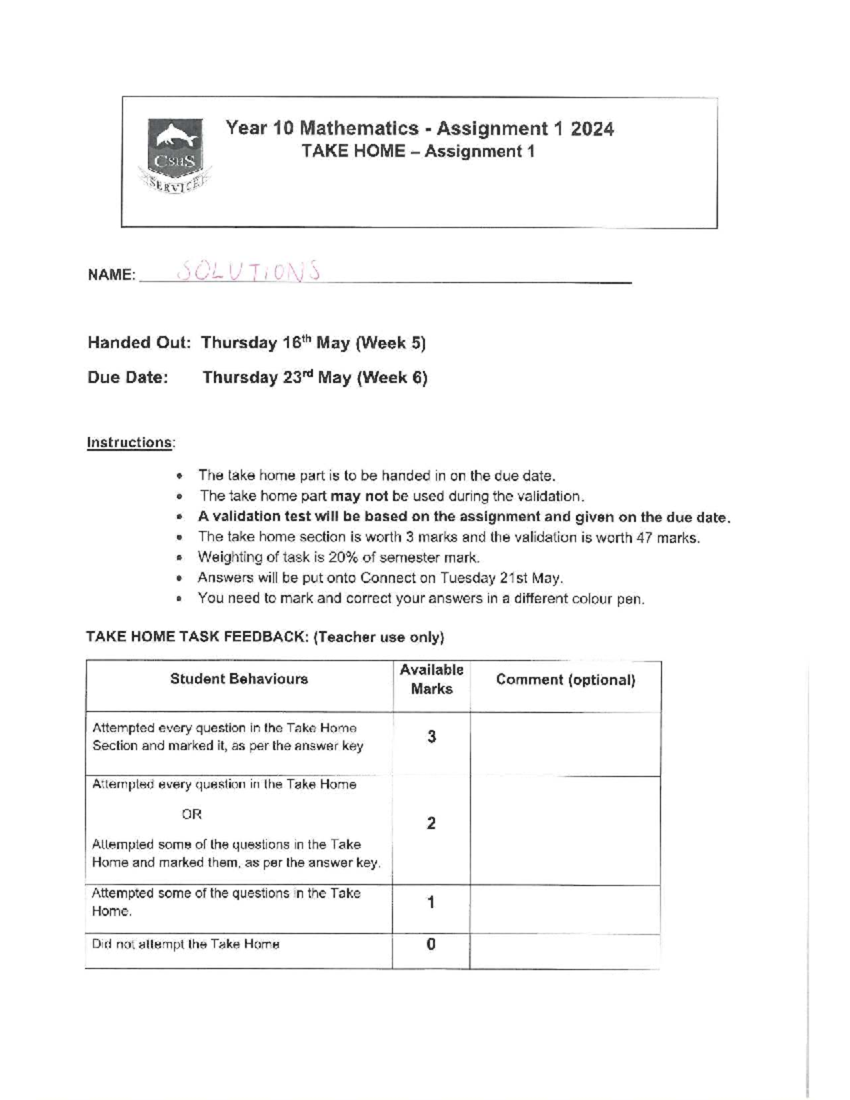 Year 10 Mathematics Assignment 1 Solutions (2024) - Studocu