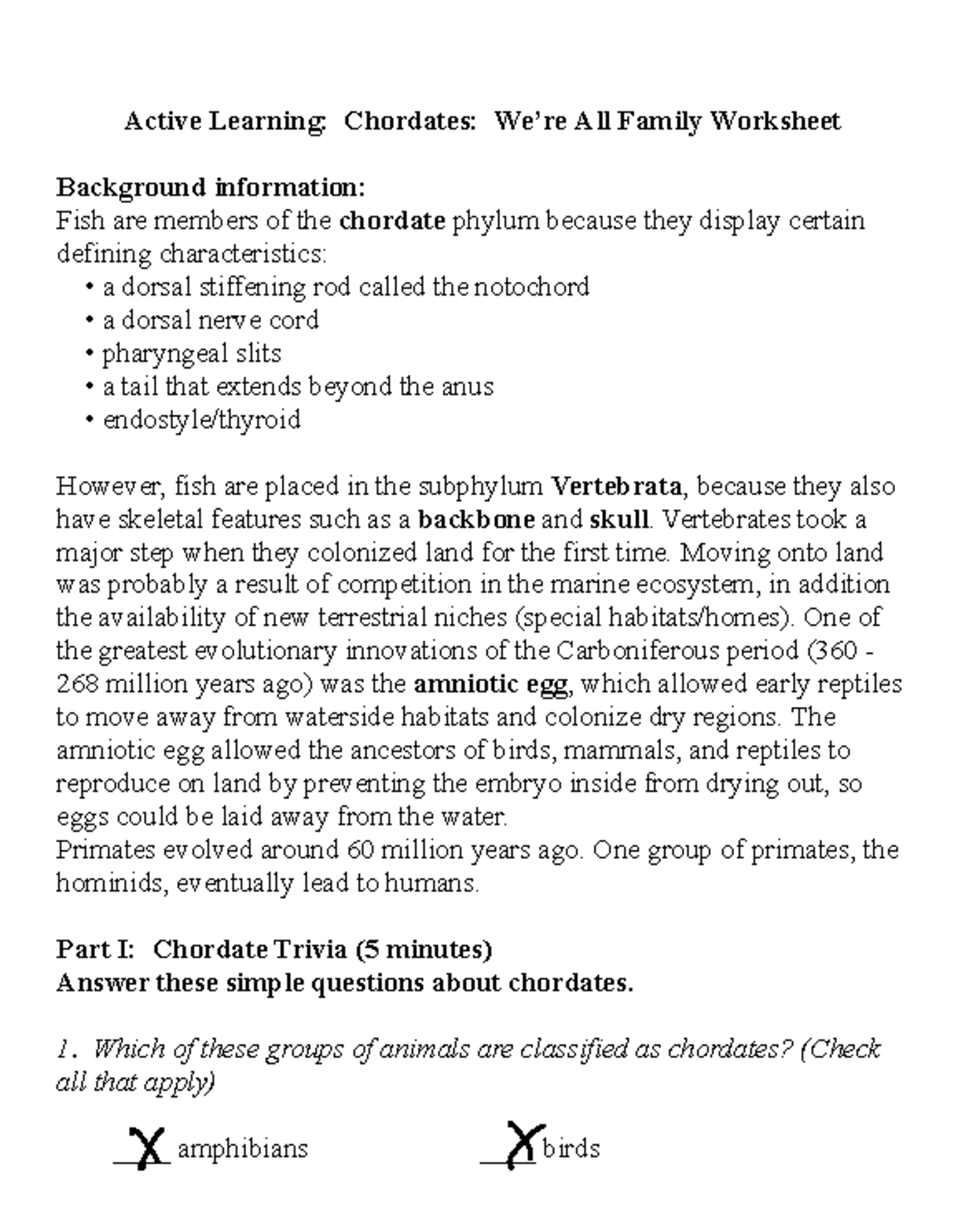 Chordates: We’re All Family - Active Learning Worksheet - Studocu