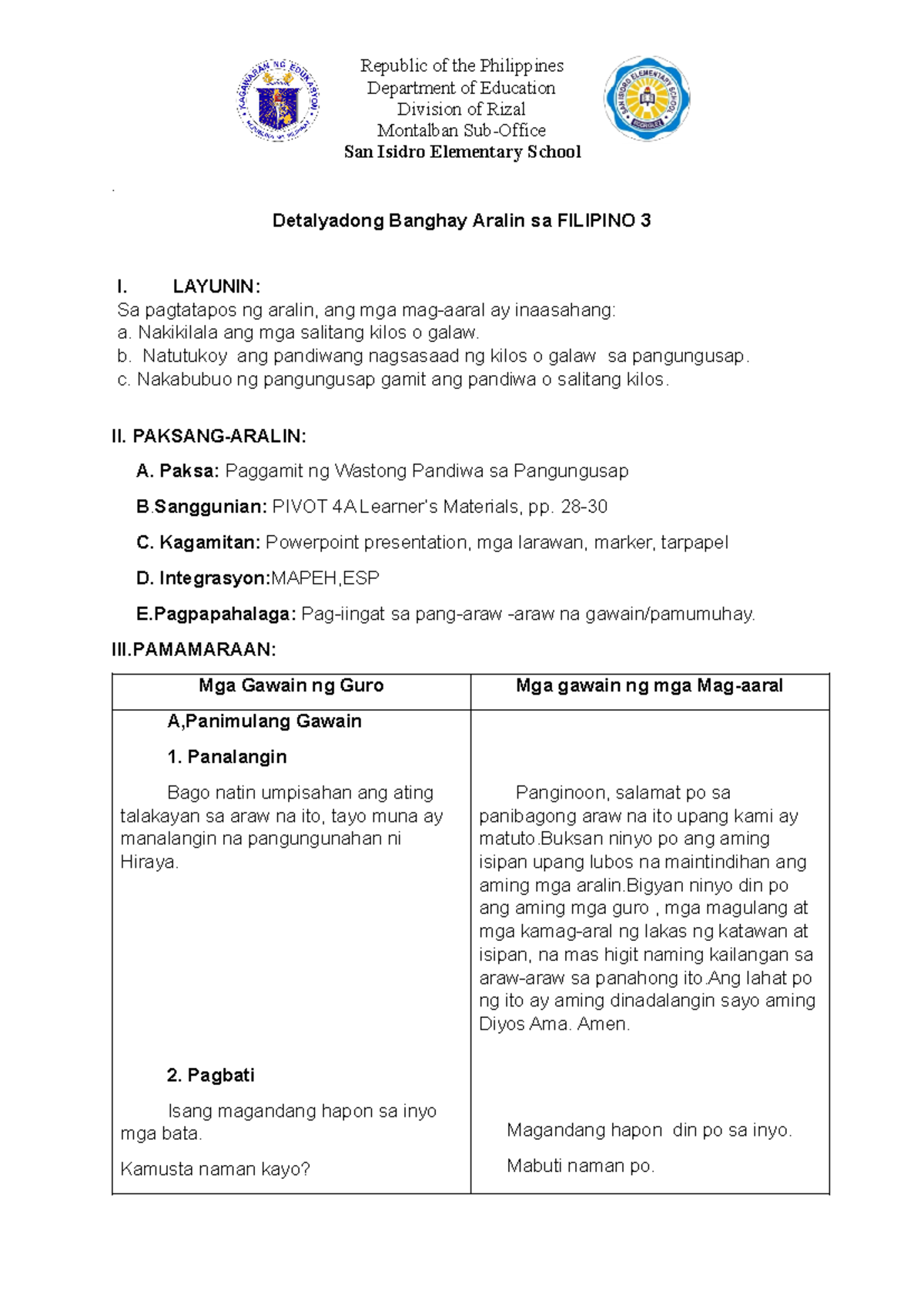 Detalyadong Banghay Aralin sa FILIPINO 3 - ASSIGNMENT - Studocu