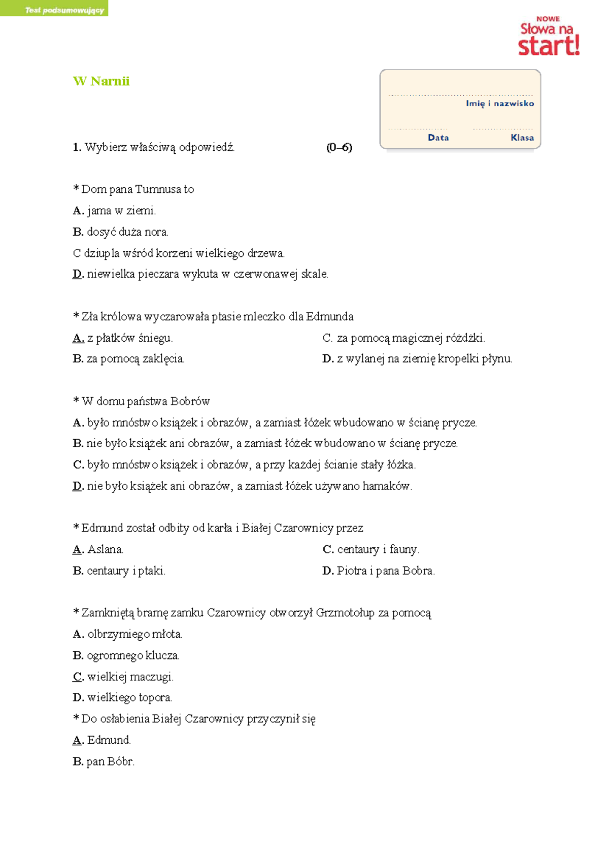 Test z Narnii (598539351) - Pytania i Odpowiedzi - Studocu