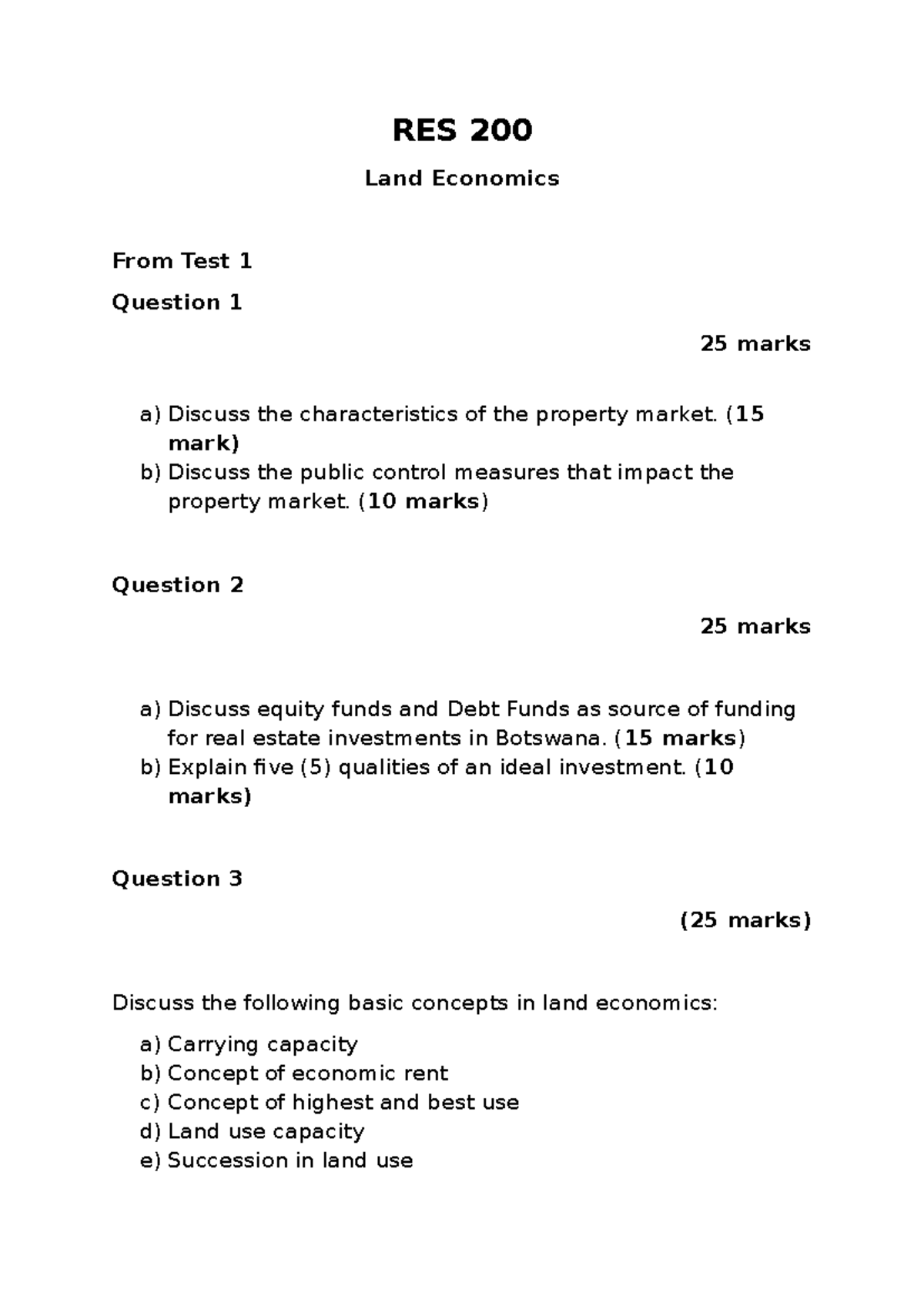 RES 200 Land Economics: Comprehensive Question Bank for Tests 1 & 2 ...