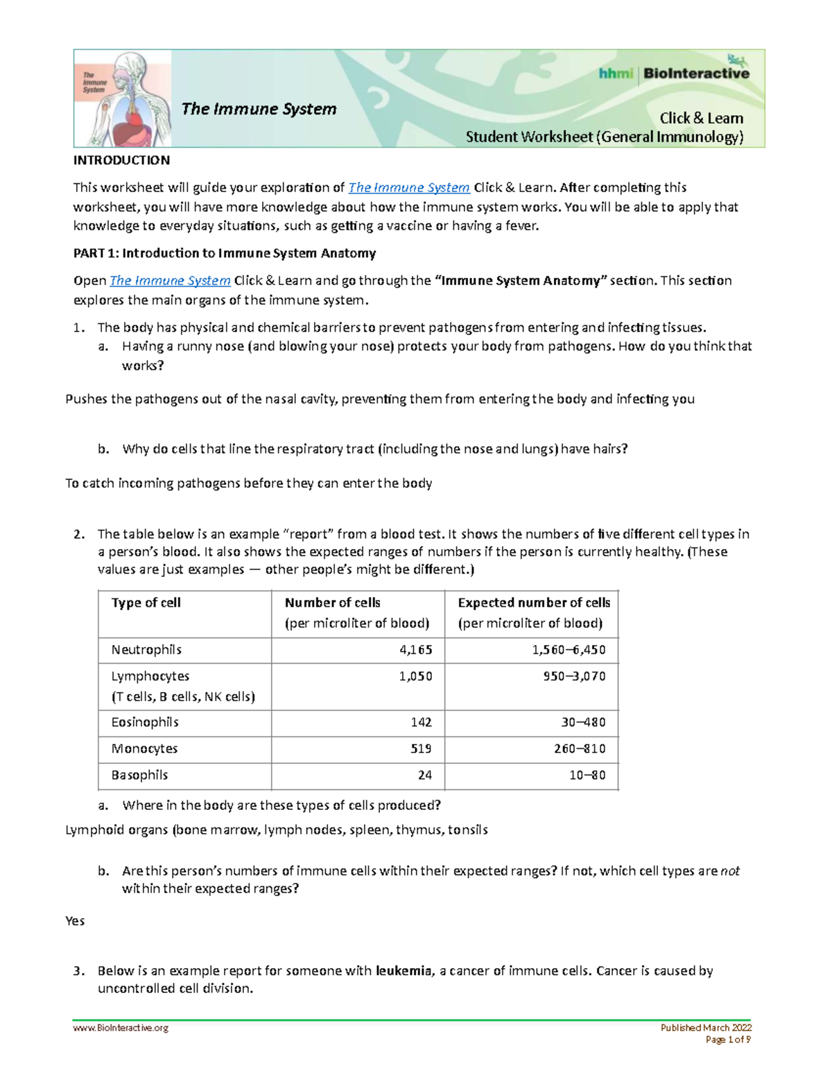 Immune system click learn student worksheet (General Immunology) - Studocu