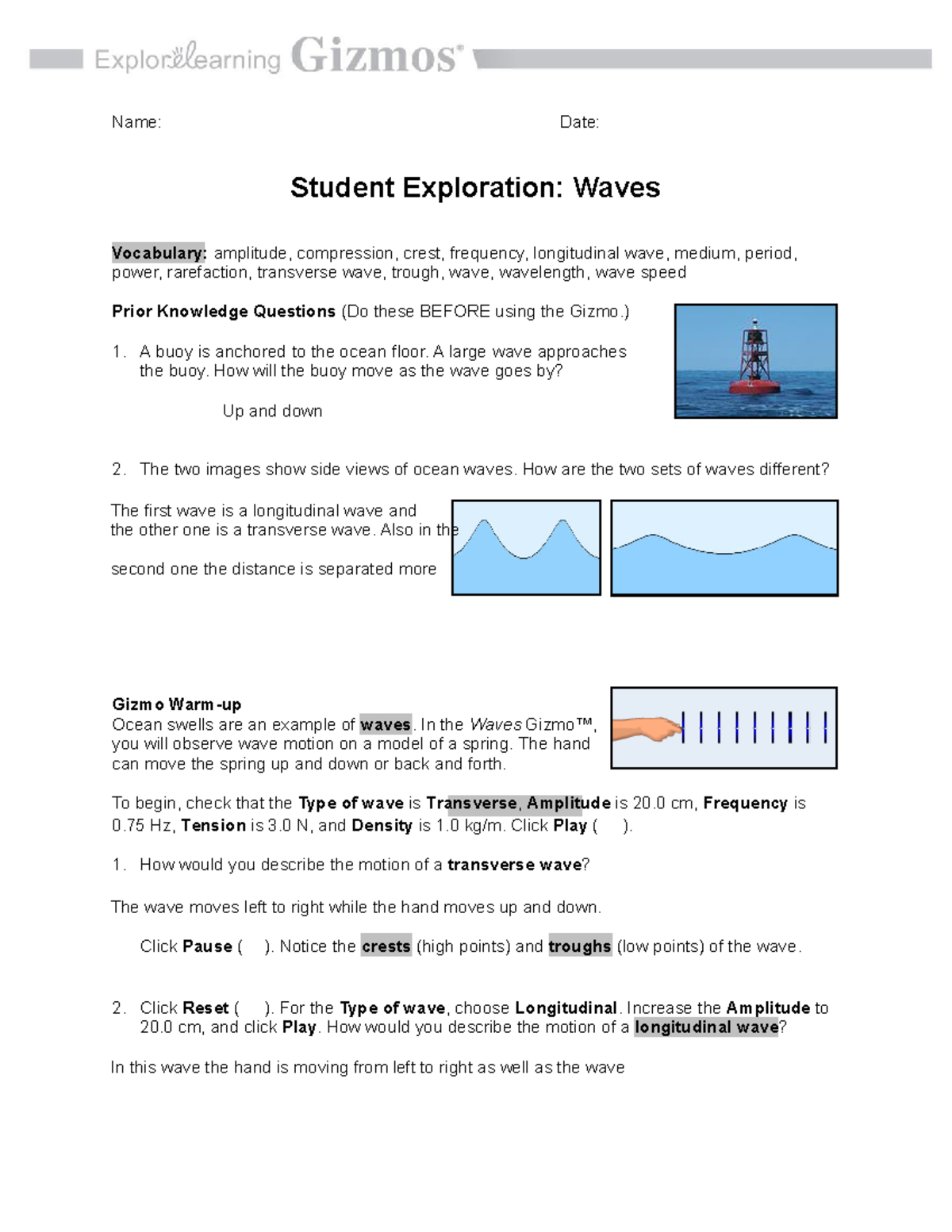 Waves Gizmo Worksheet 2022 - Name: Date: Student Exploration: Waves ...