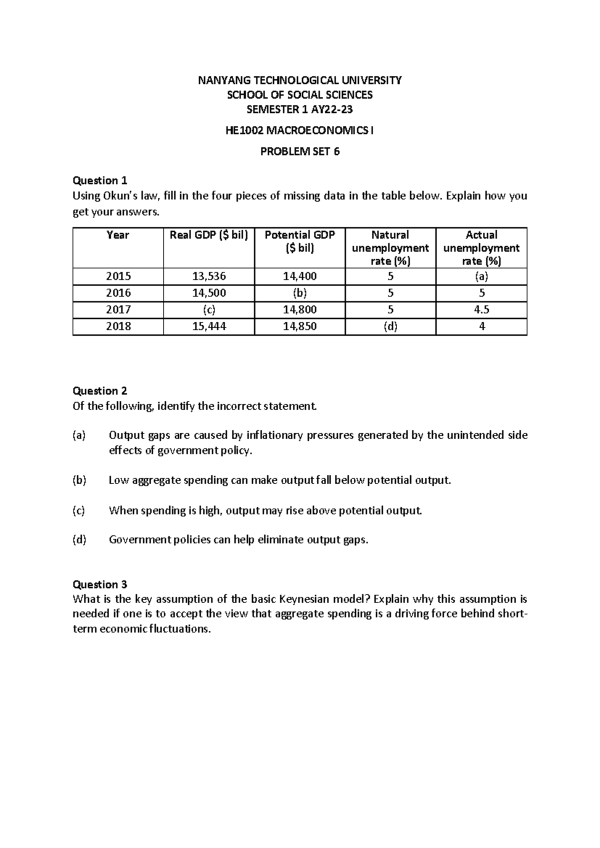 Problem Set 6 - NANYANG TECHNOLOGICAL UNIVERSITY SCHOOL OF SOCIAL SCIENCES SEMESTER 1 AY2 2 - 23 ...