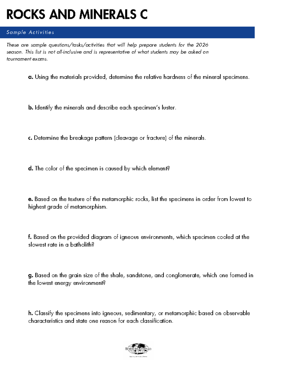 Rocks and Minerals C - Practice Activities for 2026 Tournament Prep ...