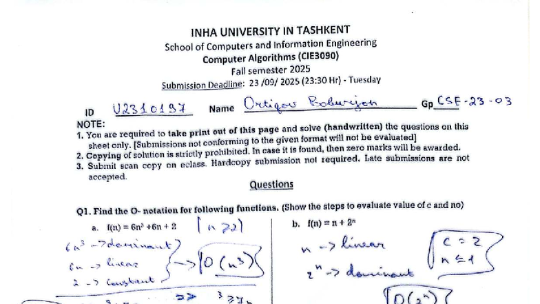 CIE3090 Fall 2025 Computer Algorithms Assignment 1 - Studocu