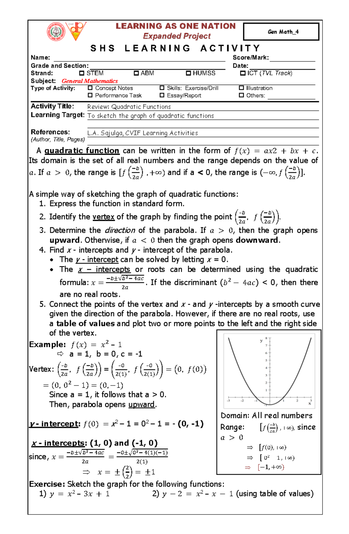 Gen Math LAS 4 Review Quadratic Functions - ... LEARNING AS ONE NATION ...