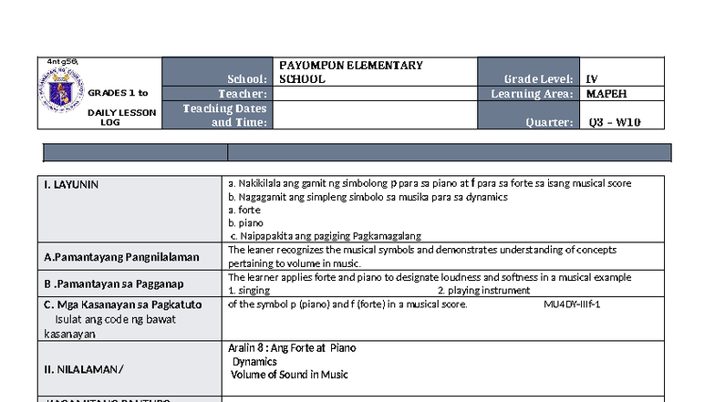 IV MAPEH Daily Lesson Log (DLL) - Grades 1 to 12 - Studocu