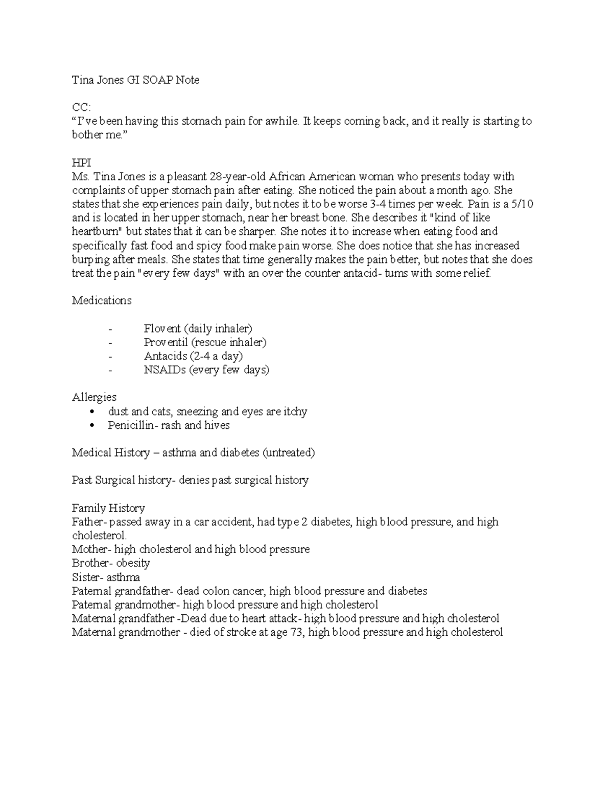 Tina Jones GI SOAP Note - Shadow Health Case Study - Studocu