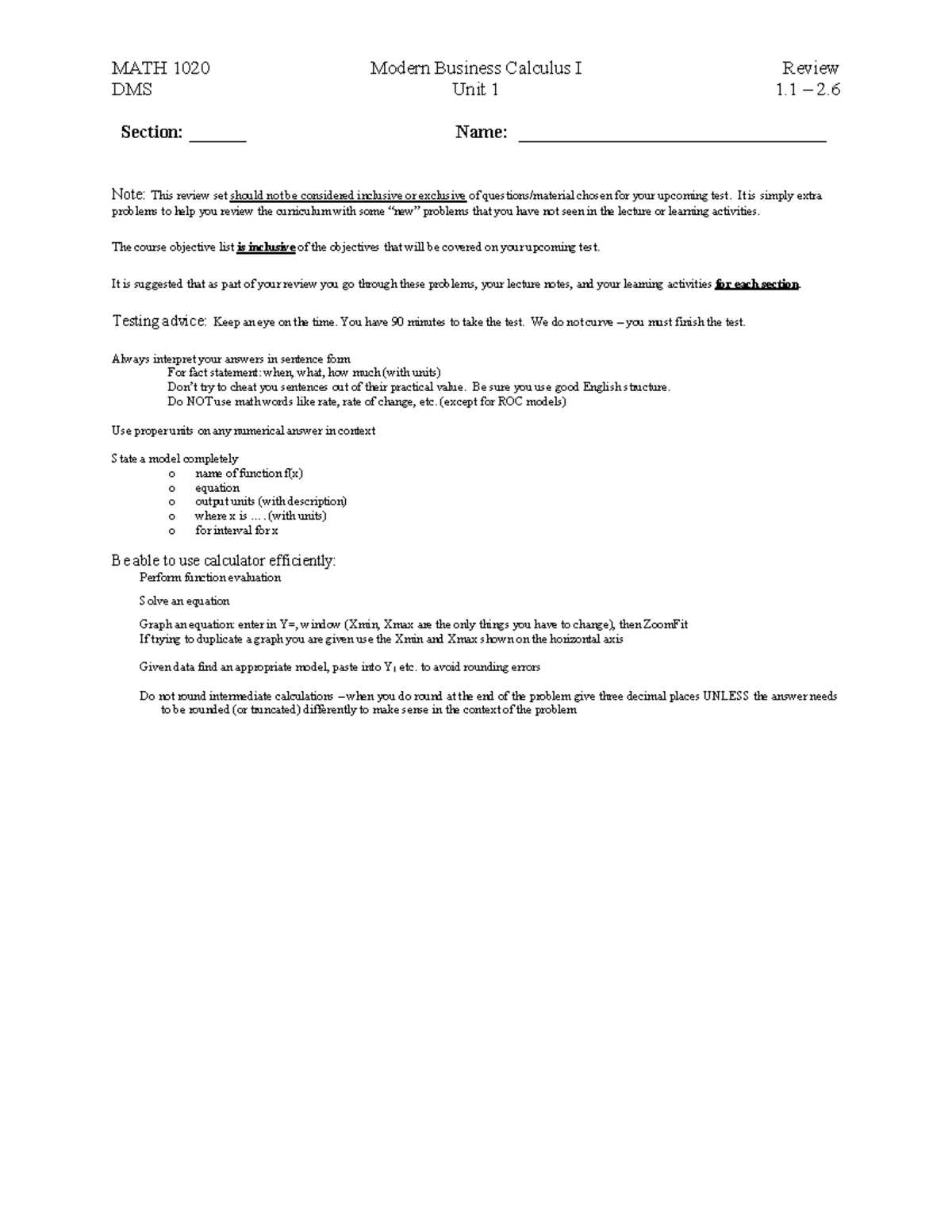 MATH 1020 Unit 1 Review 1.1 - 2 - DMS Unit 1 1 – 2. 6 Section ...