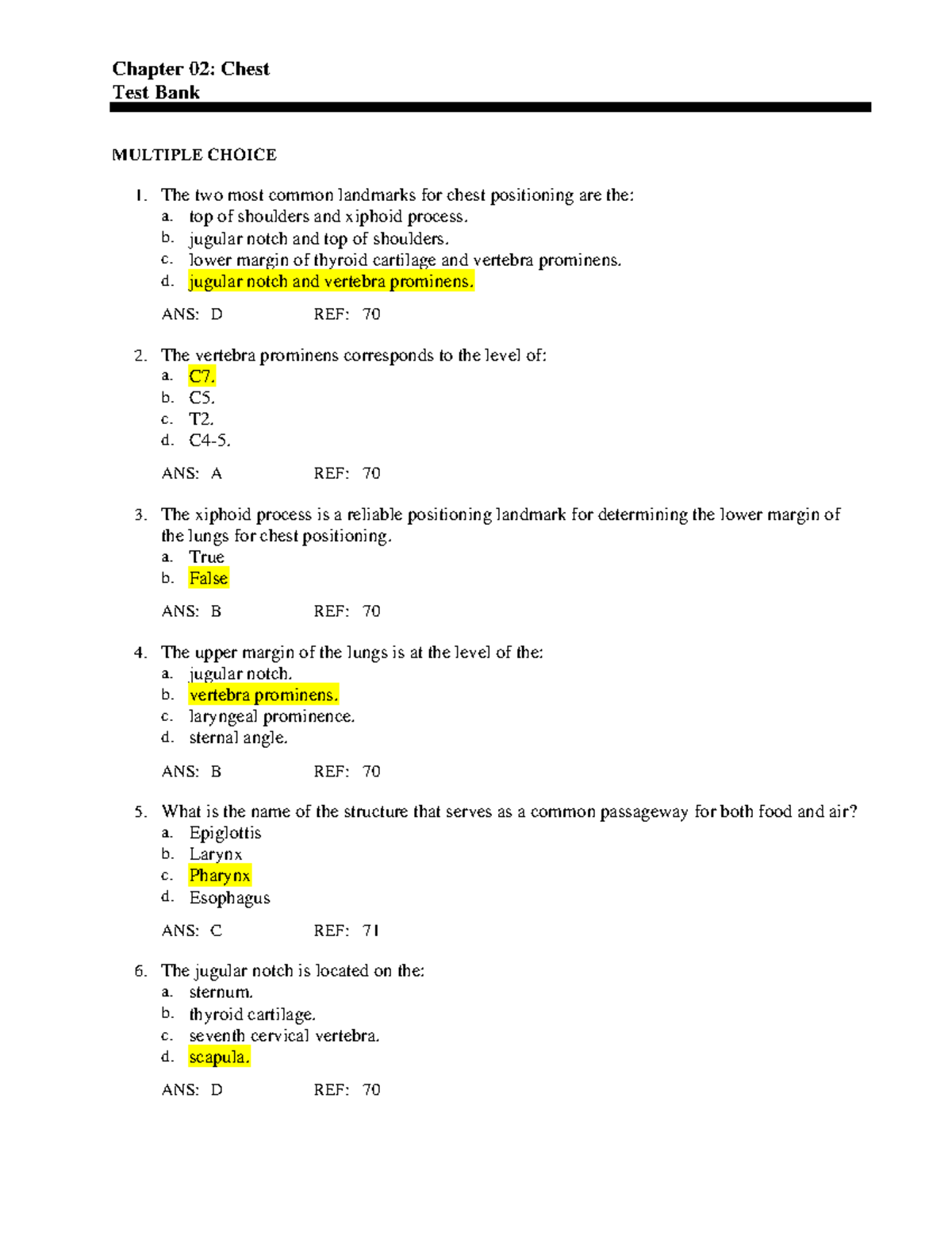 Chest Anatomy & Positioning: Test Bank for CH2 Study Guide - Studocu