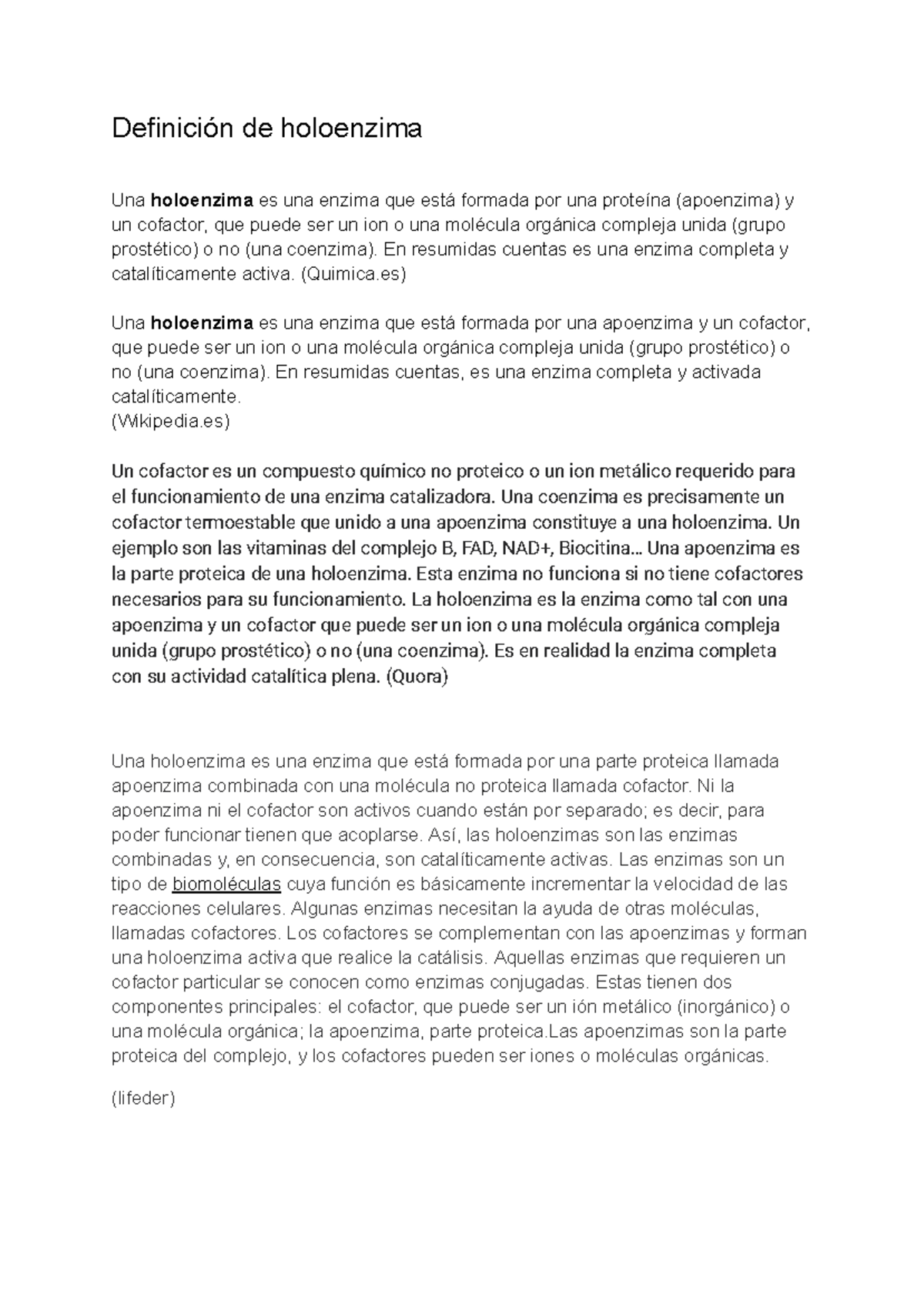 Holoenzimas: Definición y Componentes Esenciales en Biología - Studocu