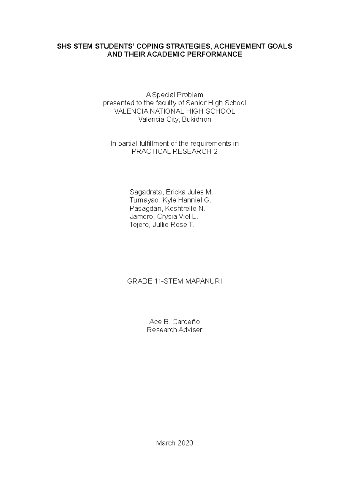 SHS-STEM- Coping Strategies and Academic Performance Study - Studocu