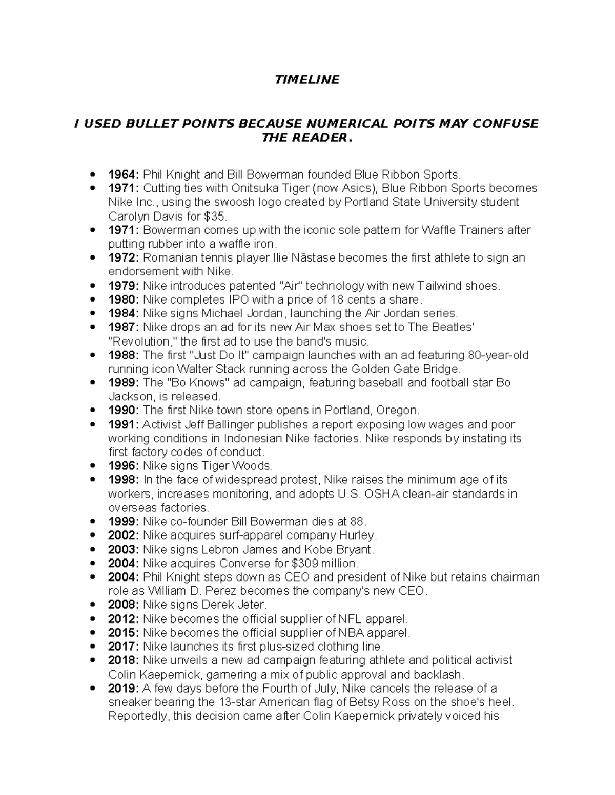 Nike Inc. Timeline: Key Events from 1964 to 2019 - Studocu