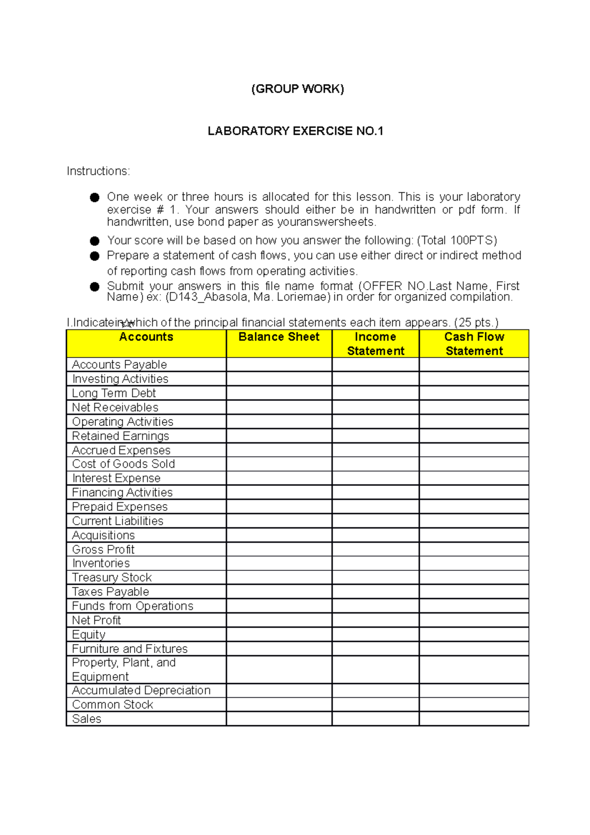 Laboratory Exercise No. 1: Preparing Financial Statements and Cash Flow ...