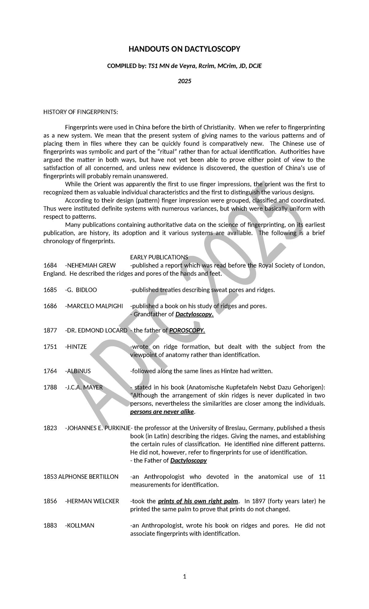 ADFC 2025 Lecture Notes on Dactyloscopy: History & Classification - Studocu