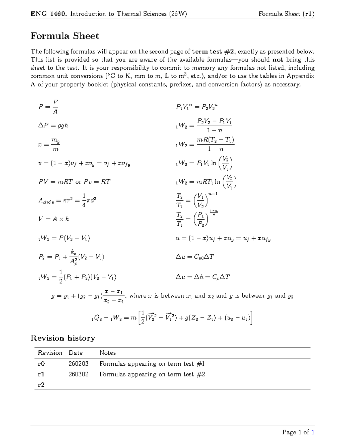 ENG 1460. 26W Thermal Sciences Formula Sheet (Revision 1) - Studocu