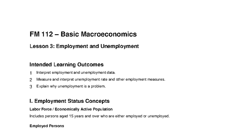 FM 112 Basic Macroeconomics Lesson 3: Employment & Unemployment Notes ...