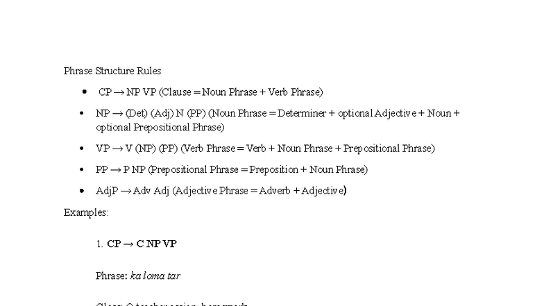 Phrase Structure Rules: CP, NP, VP, PP, AdjP - F Class Notes - Studocu