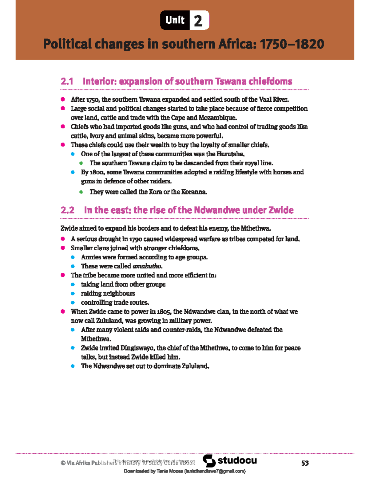 Unit 2 Political Changes in Southern Africa: The Rise of Tswana ...