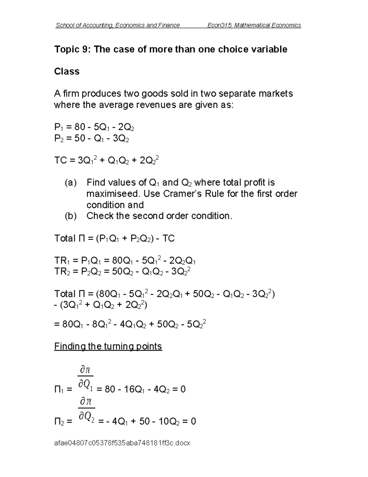 Econ315: Mathematical Economics Tutorial Solutions for Class A - Studocu