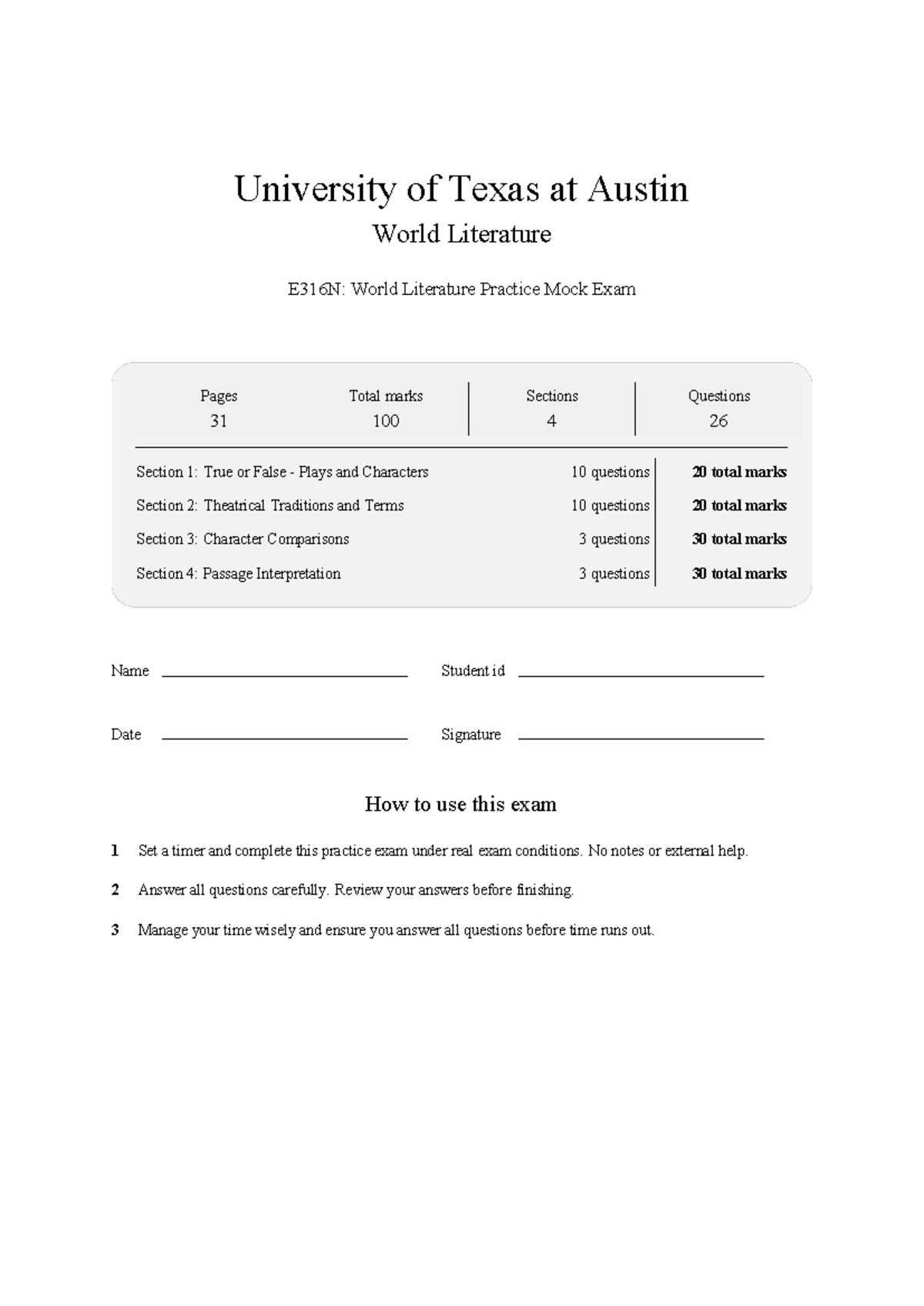 E316N World Literature Practice Mock Exam 2026 - Studocu