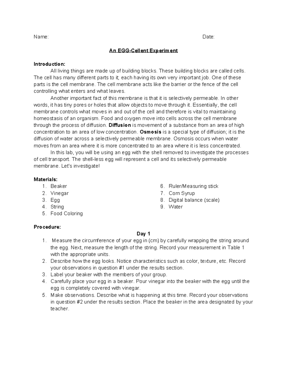 EGG-Cellent Experiment - Name: Date: An EGG-Cellent Experiment ...
