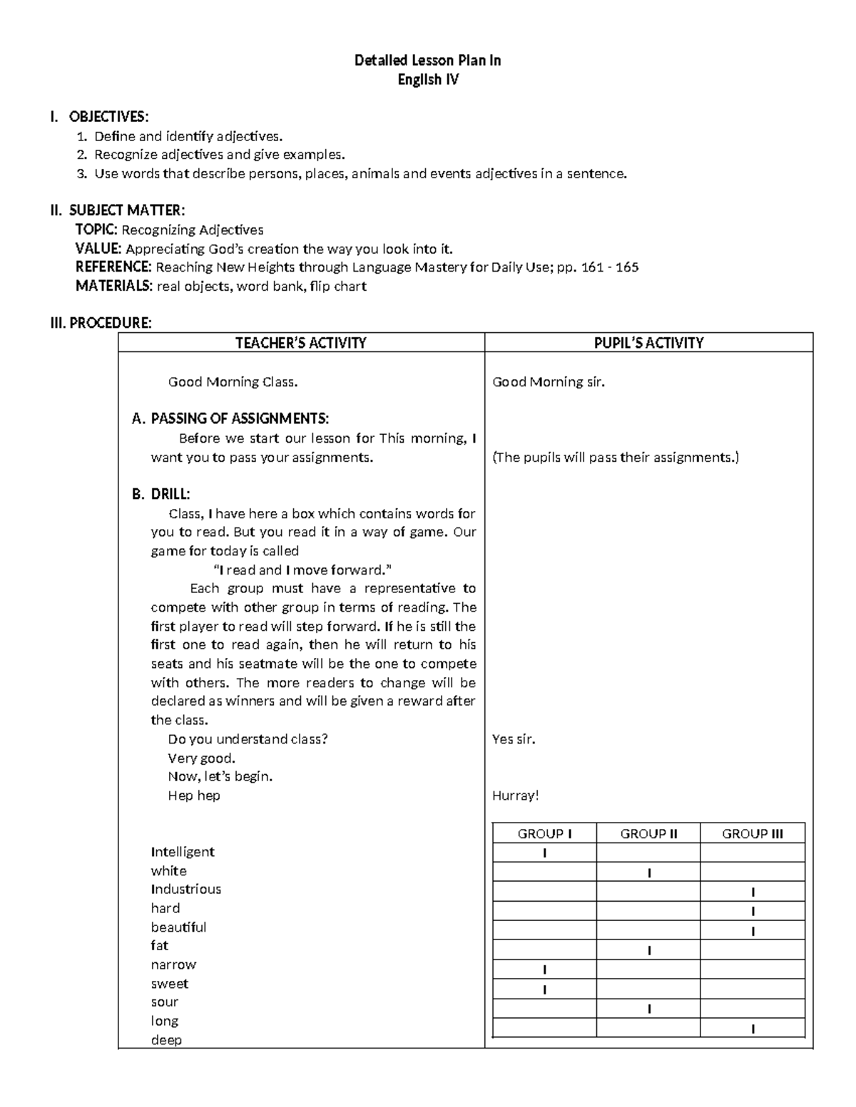 Detailed Lesson Plan i1 - Detailed Lesson Plan in English IV I ...