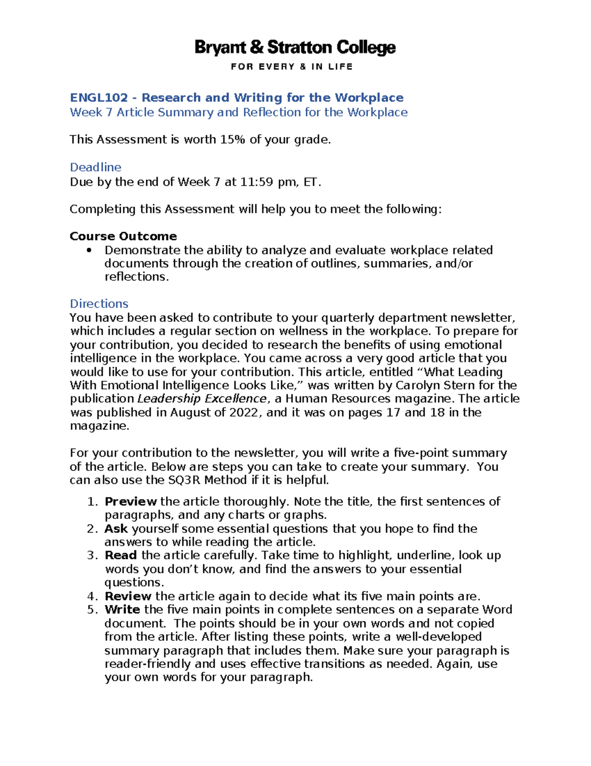 ENGL102 - Week 7 Article Summary & Reflection on Emotional Intelligence ...