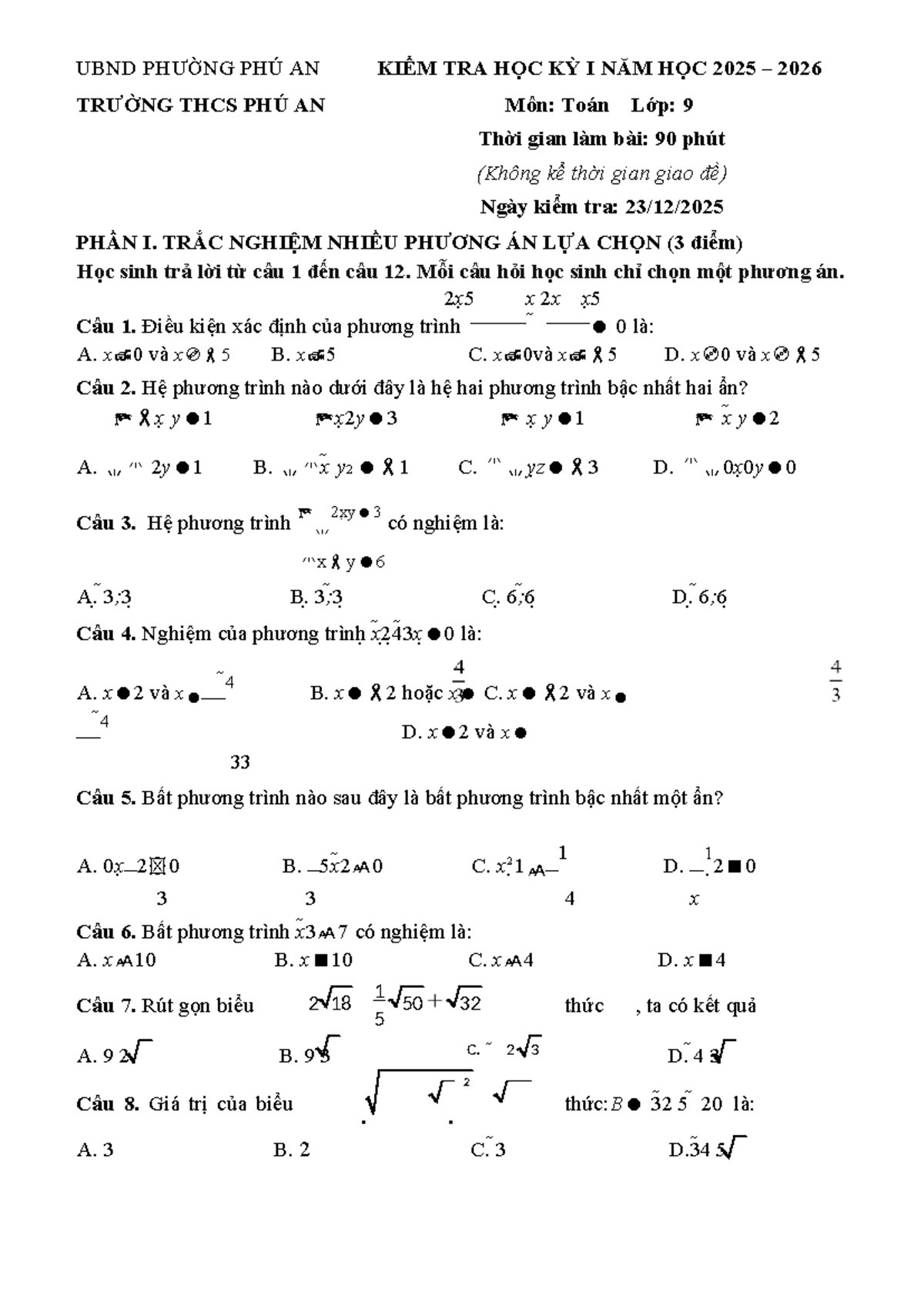 Đề Kiểm Tra Học Kỳ I Môn Toán Lớp 9 - Năm Học 2025-2026 - Studocu