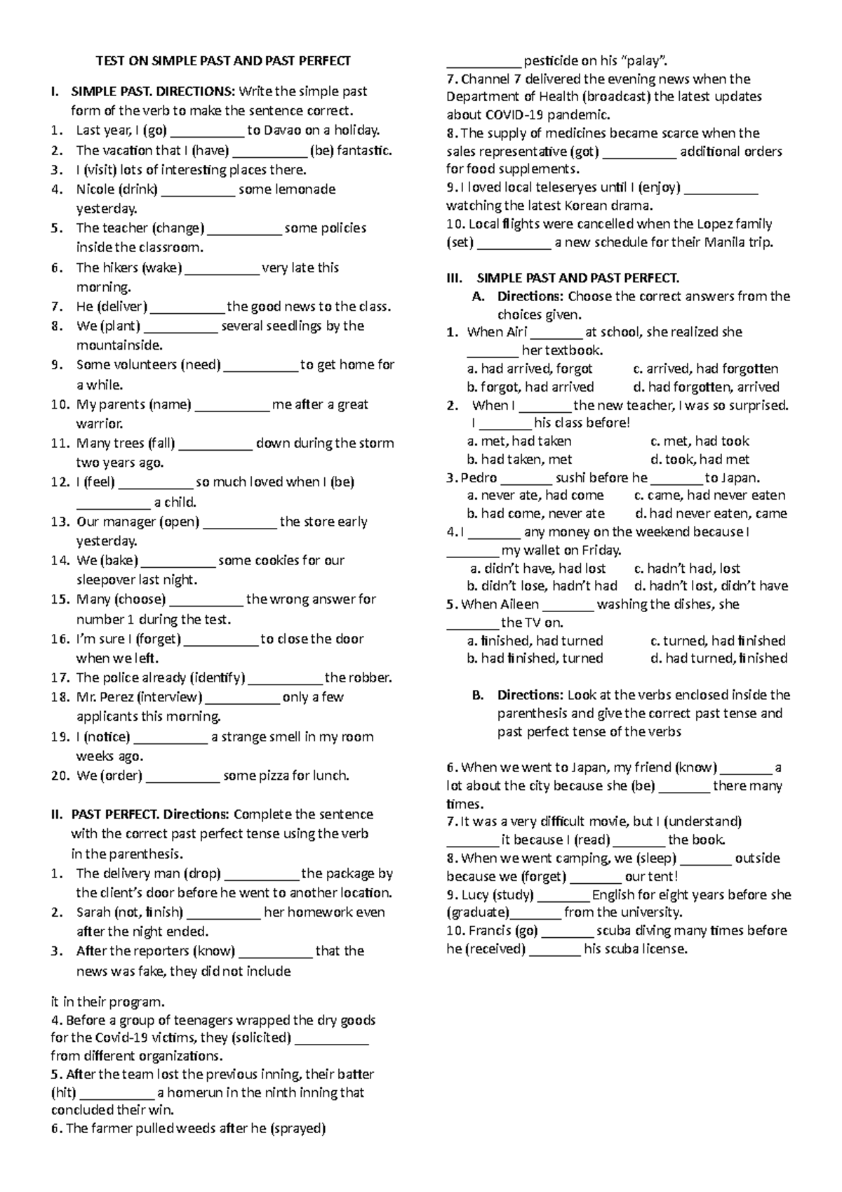 TEST ON SIMPLE PAST AND PAST PERFECT GRAMMAR EXERCISES - Studocu