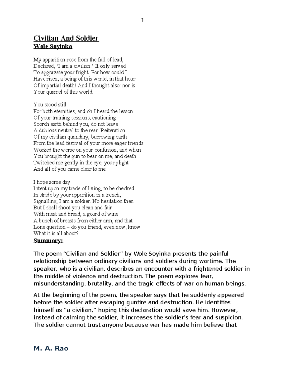 Civilian and Soldier: Analyzing Wole Soyinka's Poem on War - Studocu