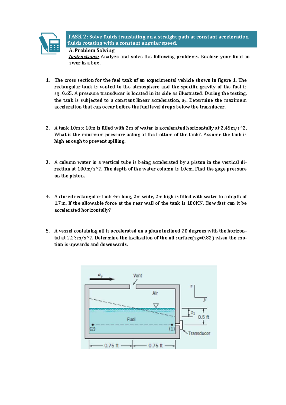 TASK 2: Fluid Dynamics Problems on Acceleration and Pressure Analysis ...