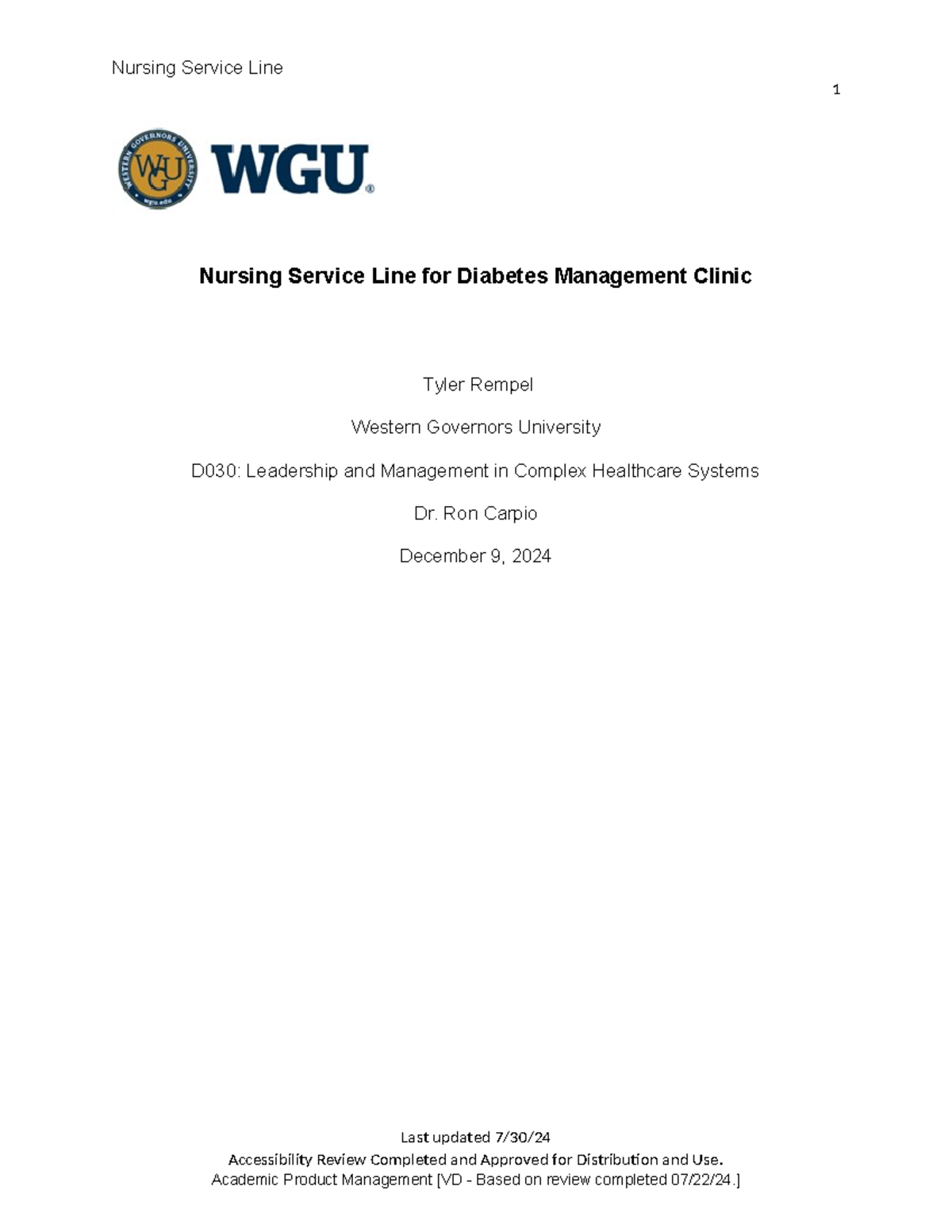 Nursing Service Line Proposal for Diabetes Management Clinic (D030 ...