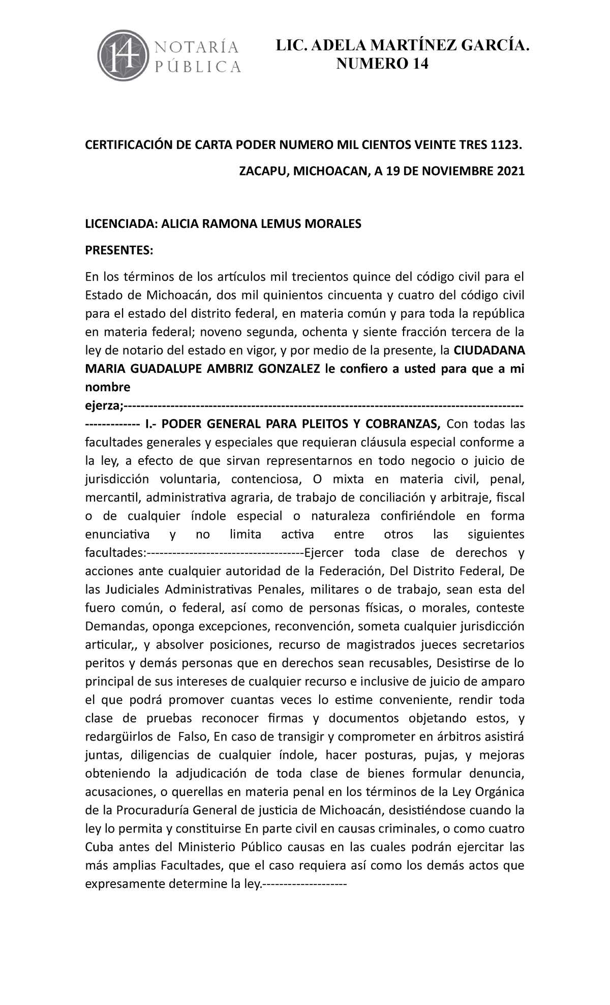 Documento del poder notarial ejemplo 1 - NUMERO 14 CERTIFICACIÓN DE ...