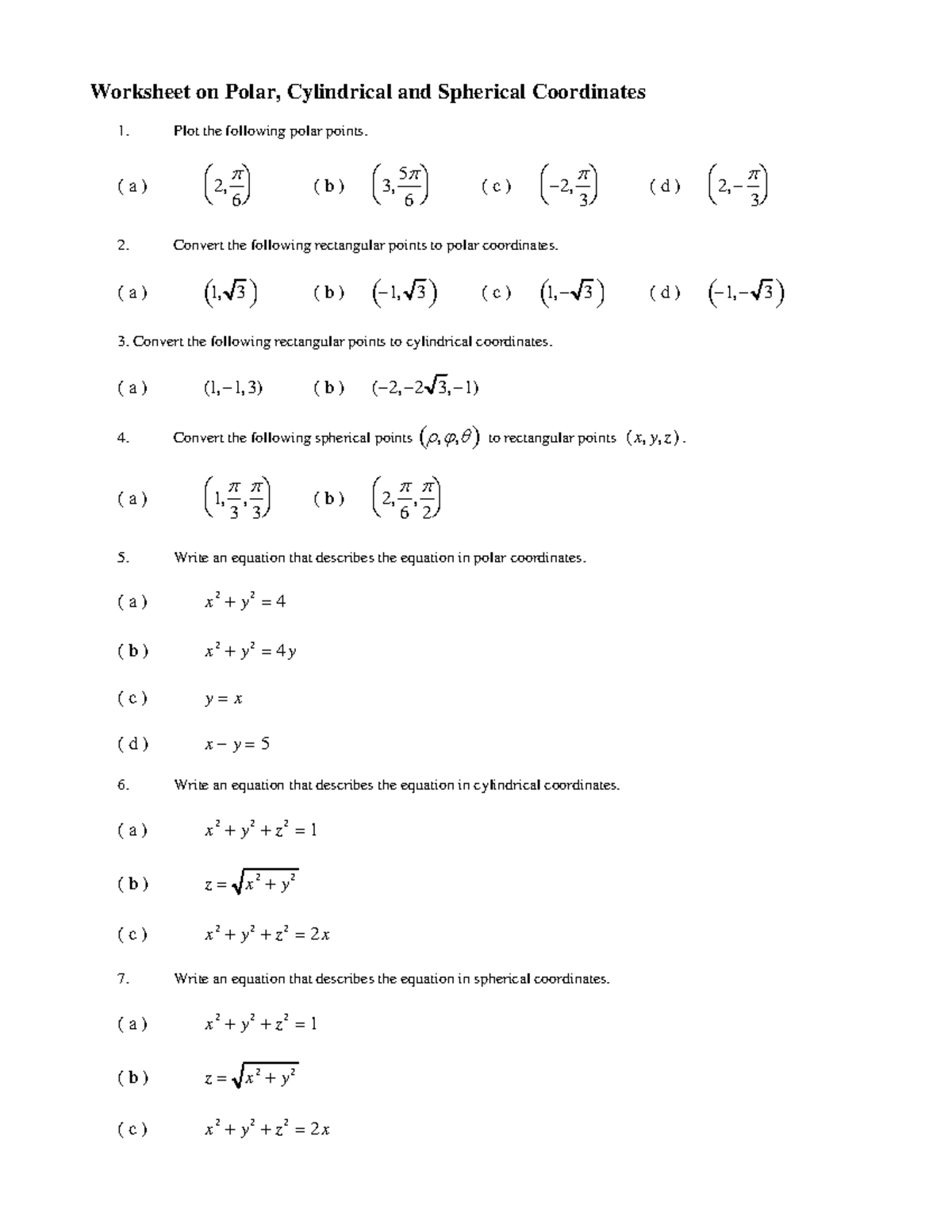 Worksheet on Polar, Cylindrical, and Spherical Coordinates 01 - Studocu