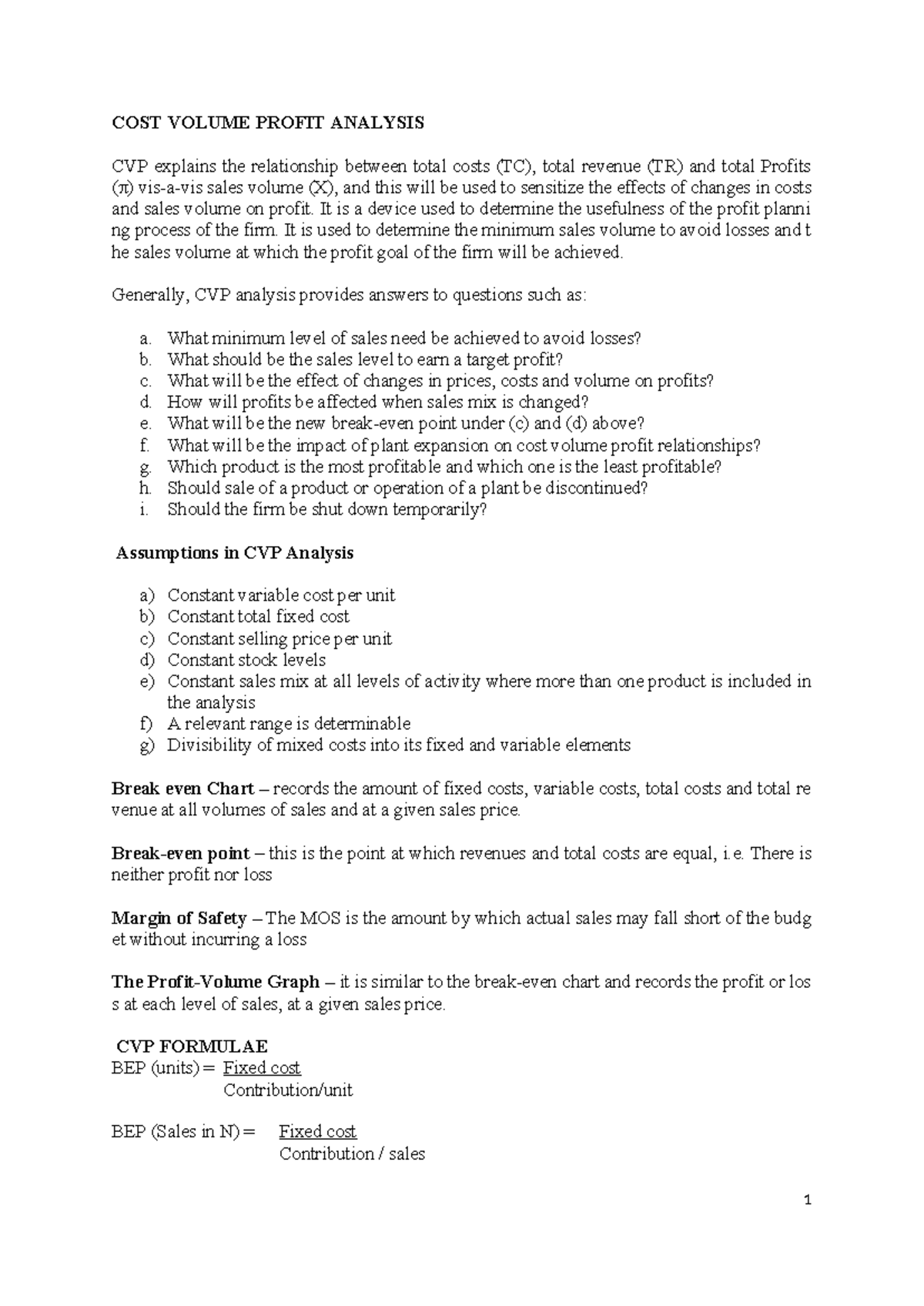 Cost Volume Profit (CVP) Analysis: Notes & Practice Questions - Studocu