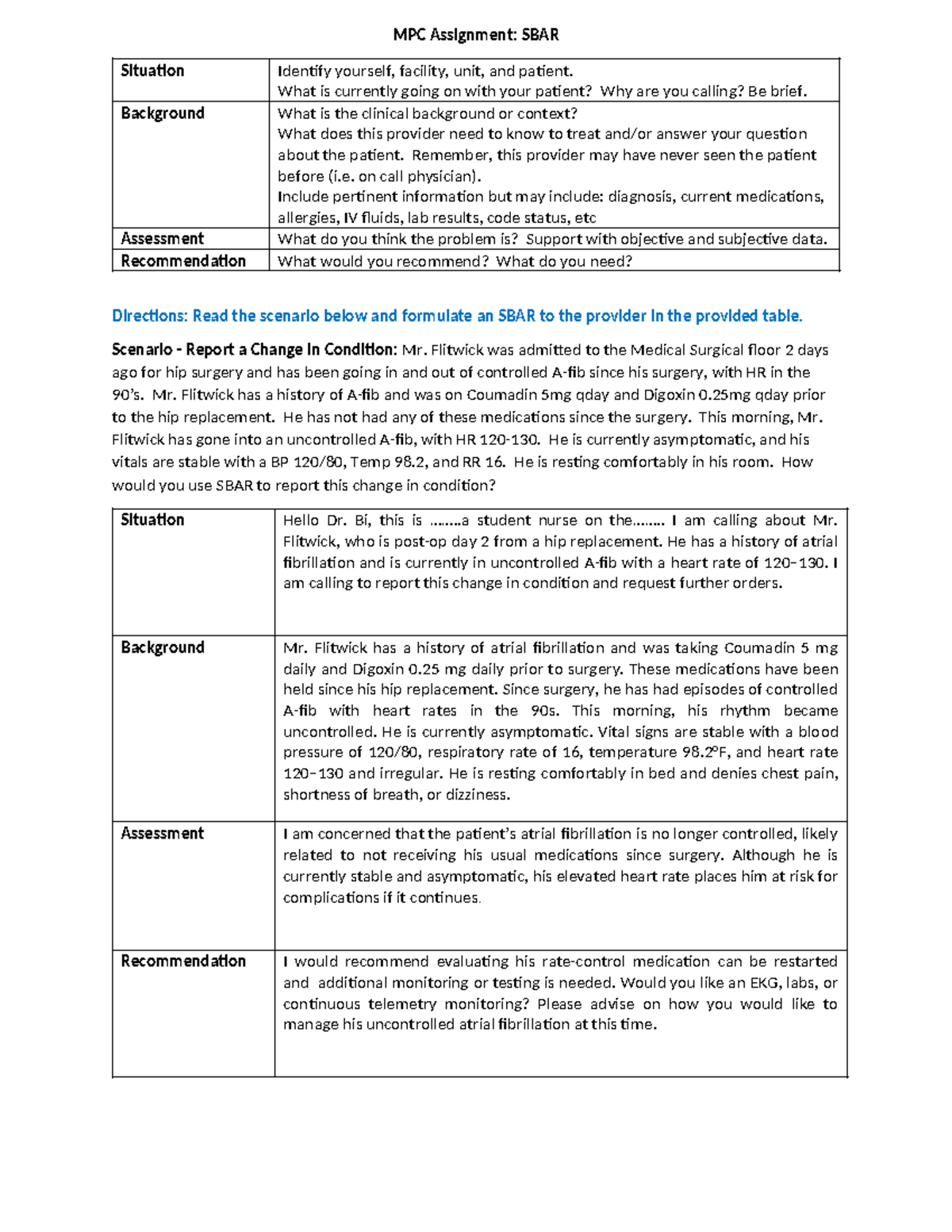 MPC Assignment: SBAR Activity on Patient Change in Condition - Studocu
